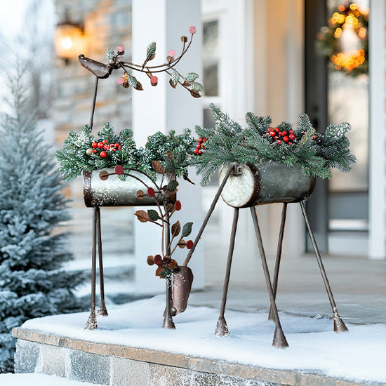 Indoor/Outdoor Painted Metal Reindeer Planters, Set of Two - Decor Steals