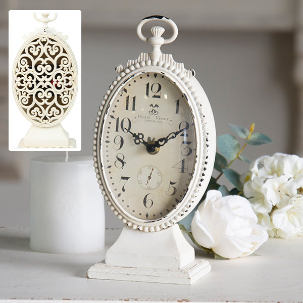 Distressed White Table Clock with Ornate Back - Decor Steals
