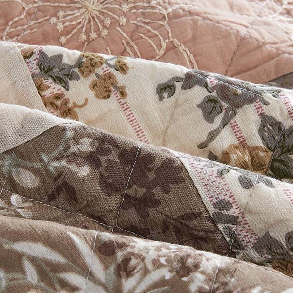 Dusty Rose Taupe Beige Brown Floral Cottage Patchwork Quilted Bedsprea - Decor Steals