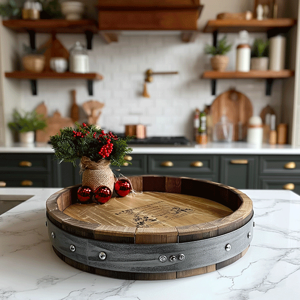 Handcrafted Whiskey Barrel Lazy Susan with Metal Band, Choose Your Sty ...