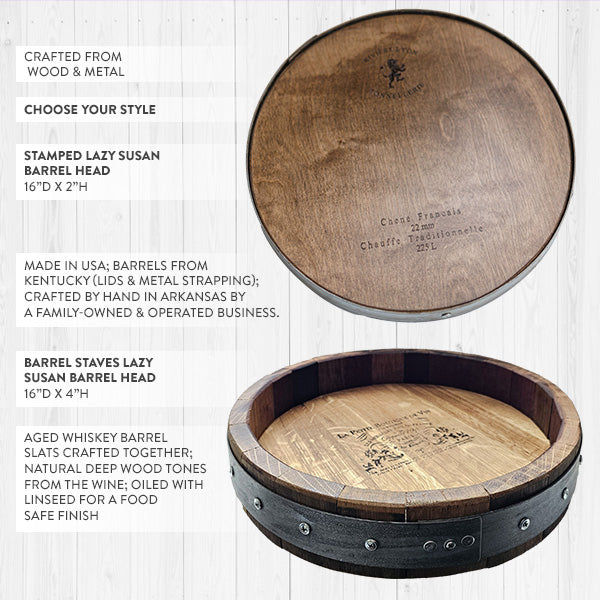 Handcrafted Whiskey Barrel Lazy Susan with Metal Band, Choose Your Sty ...