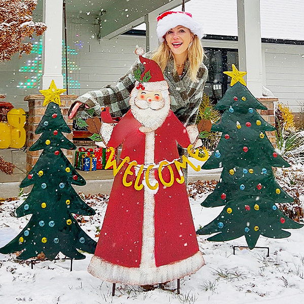 Distressed Outdoor Metal Santa with Welcome Sign Yard Stake - Default ...