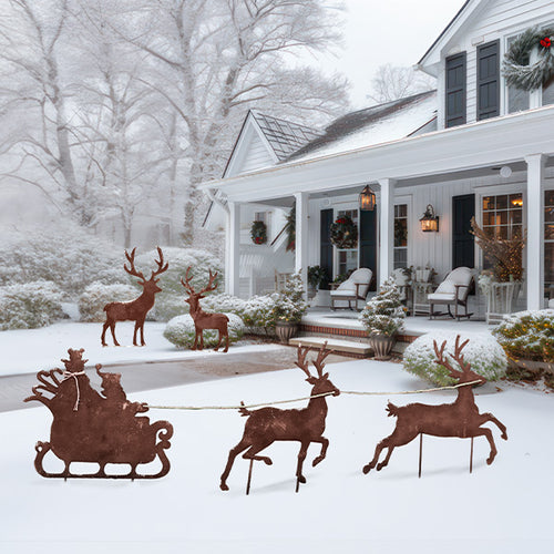 Metal Santa Reindeer Sleigh Outdoor Yard Stakes Set - Decor Steals