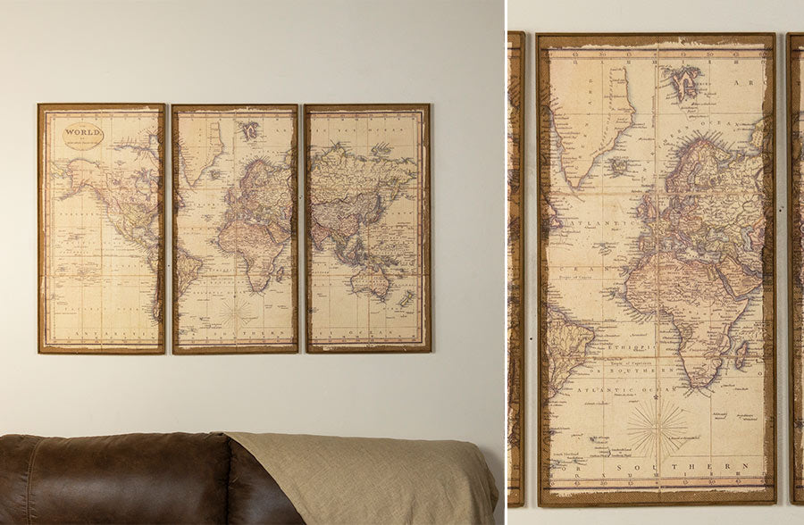 3 Piece World Map | Vintage World Map Wall Decor – Decor Steals